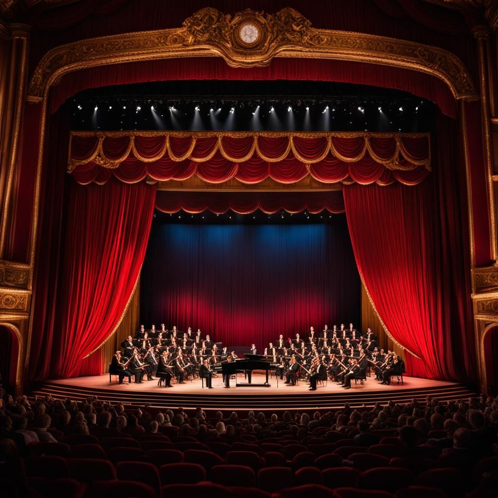 opera house, watching opera, hyperdetailed, red curtains, big stage ...