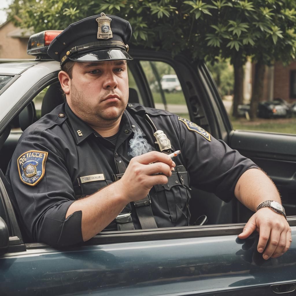 fat weed joint smoking police officer sitting in his police car. his ...