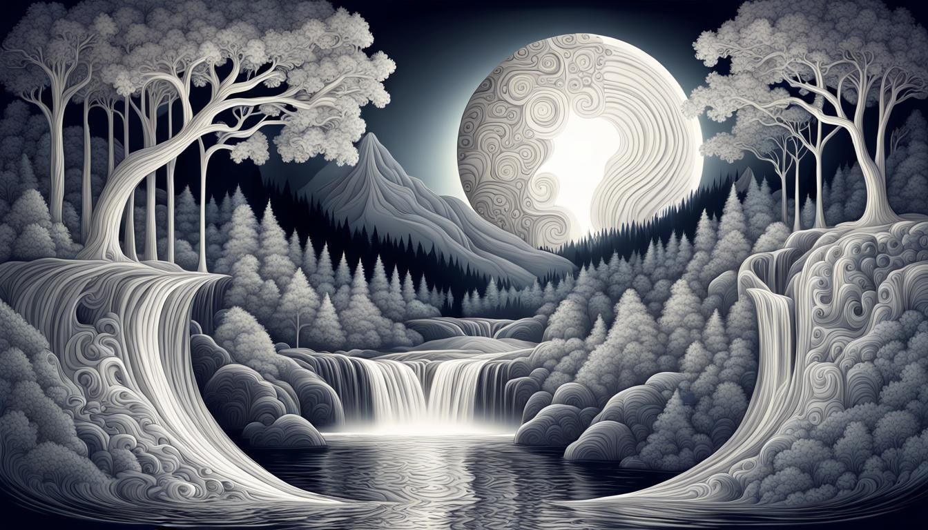 A luminous scene of the moon rising over a waterfall, and a river in ...