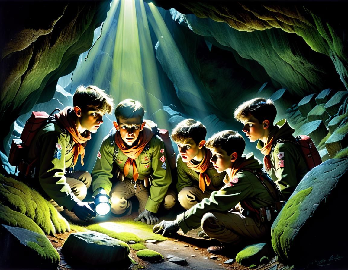 Boy-scouts in a cave - AI Generated Artwork - NightCafe Creator