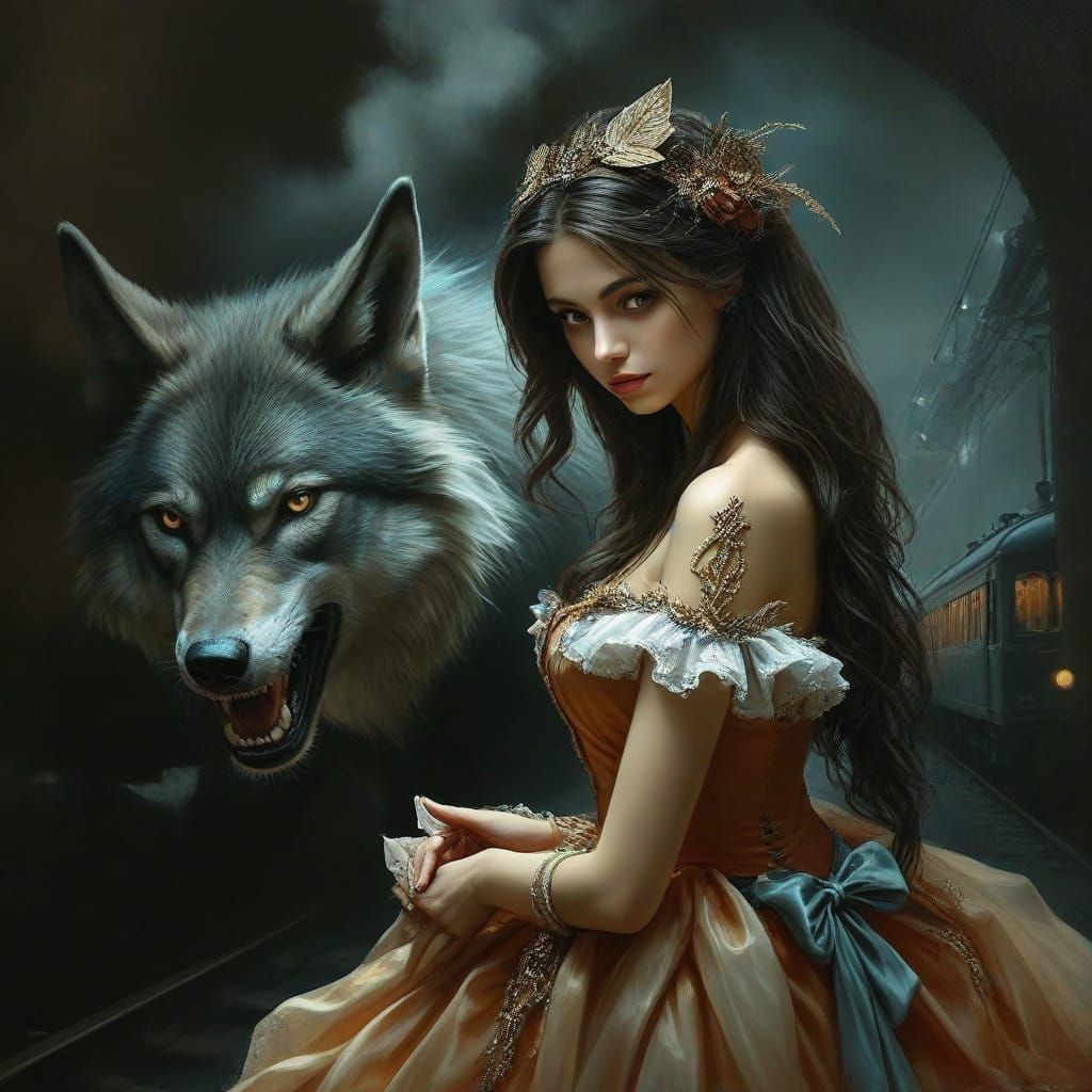 A Woman, Wolf, Train - Mysterious Woman Surrounded by Wolves...