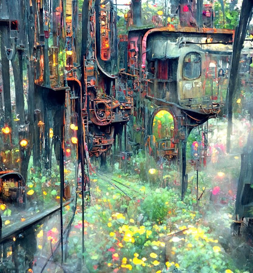 Overgrown train yard with shafts of colorful light, by Roberto ...