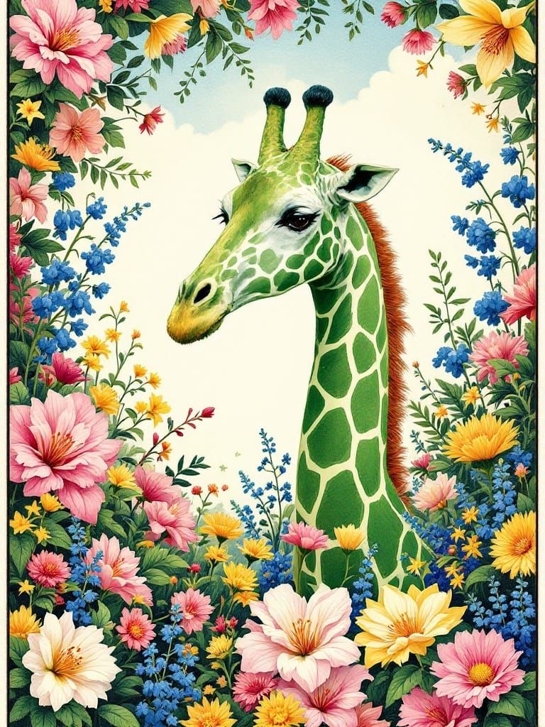 Green Giraffe with Flowers - Green Giraffe with Flowers