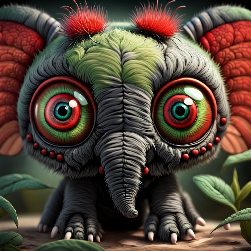 A fuzzy red, black and green insect with a human eye, elephant insect ...
