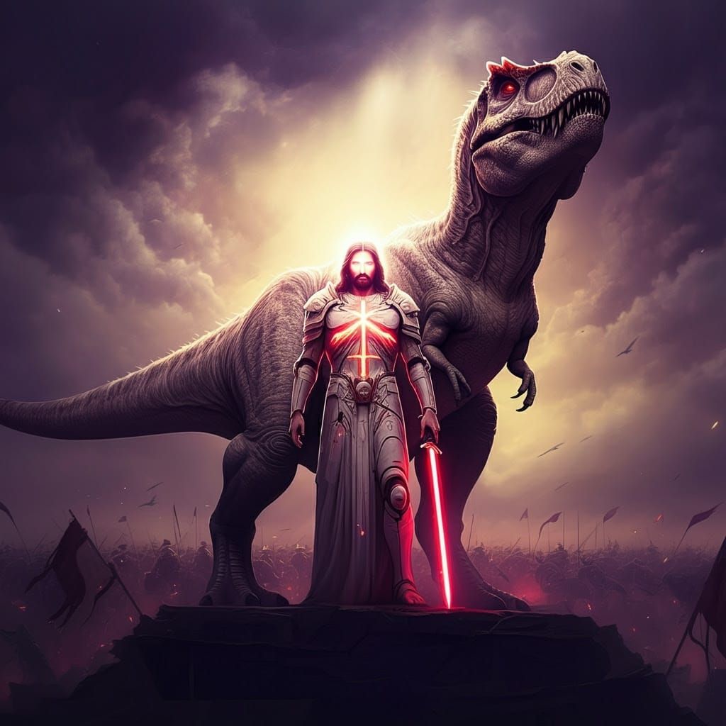 Divine Warrior Jesus and Tyrannosaurus Rex Stand V... - AI Art