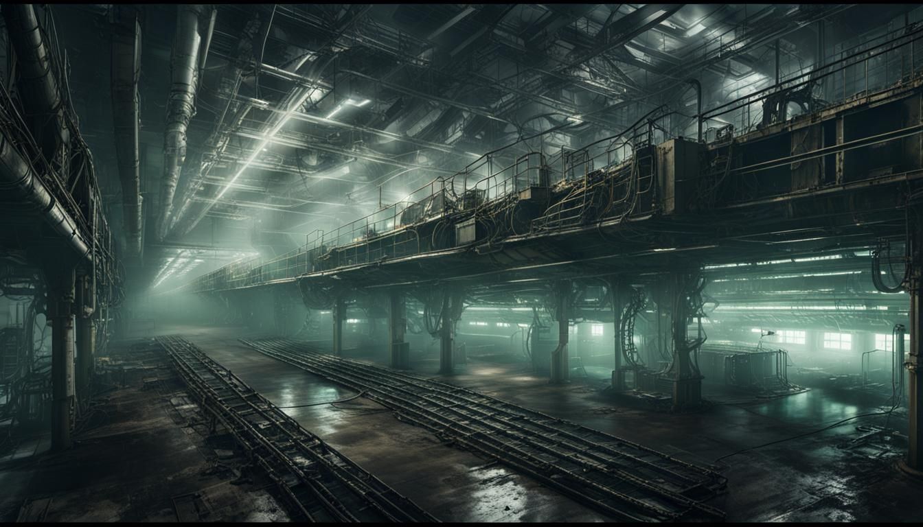 The abandoned enormous loading dock of a spaceship with many (walkways ...