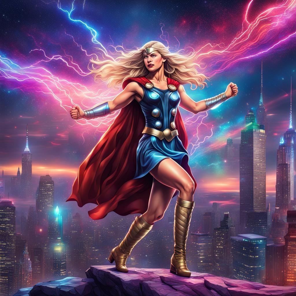 woman mighty thor dancing at the party night skyline, cinematic ...
