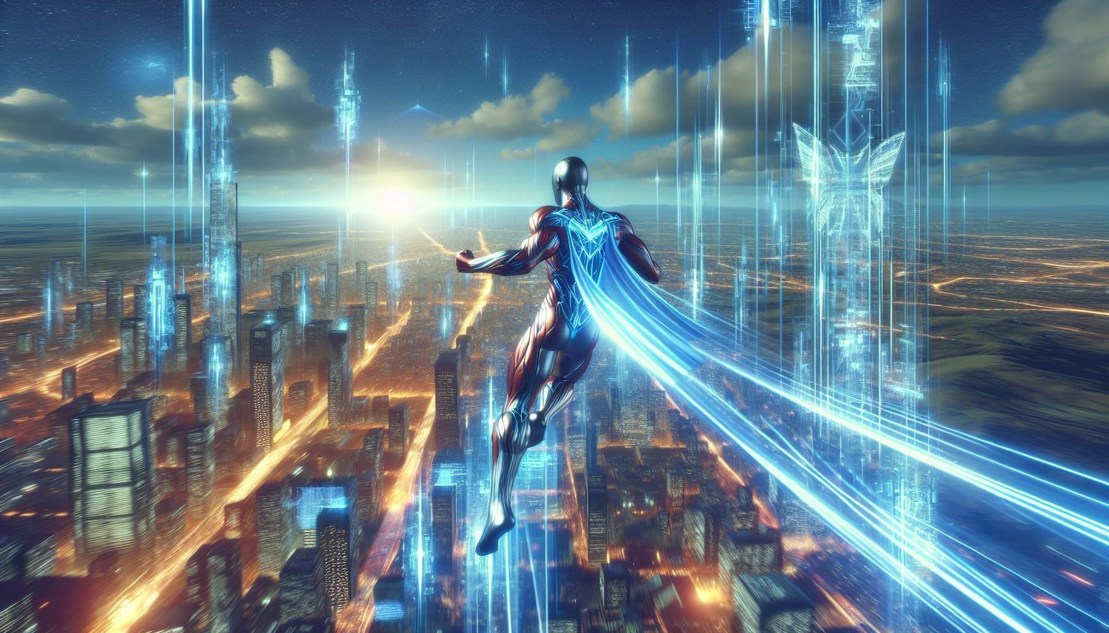 digital techno superhero flying in digital landscape. wide angle - AI ...