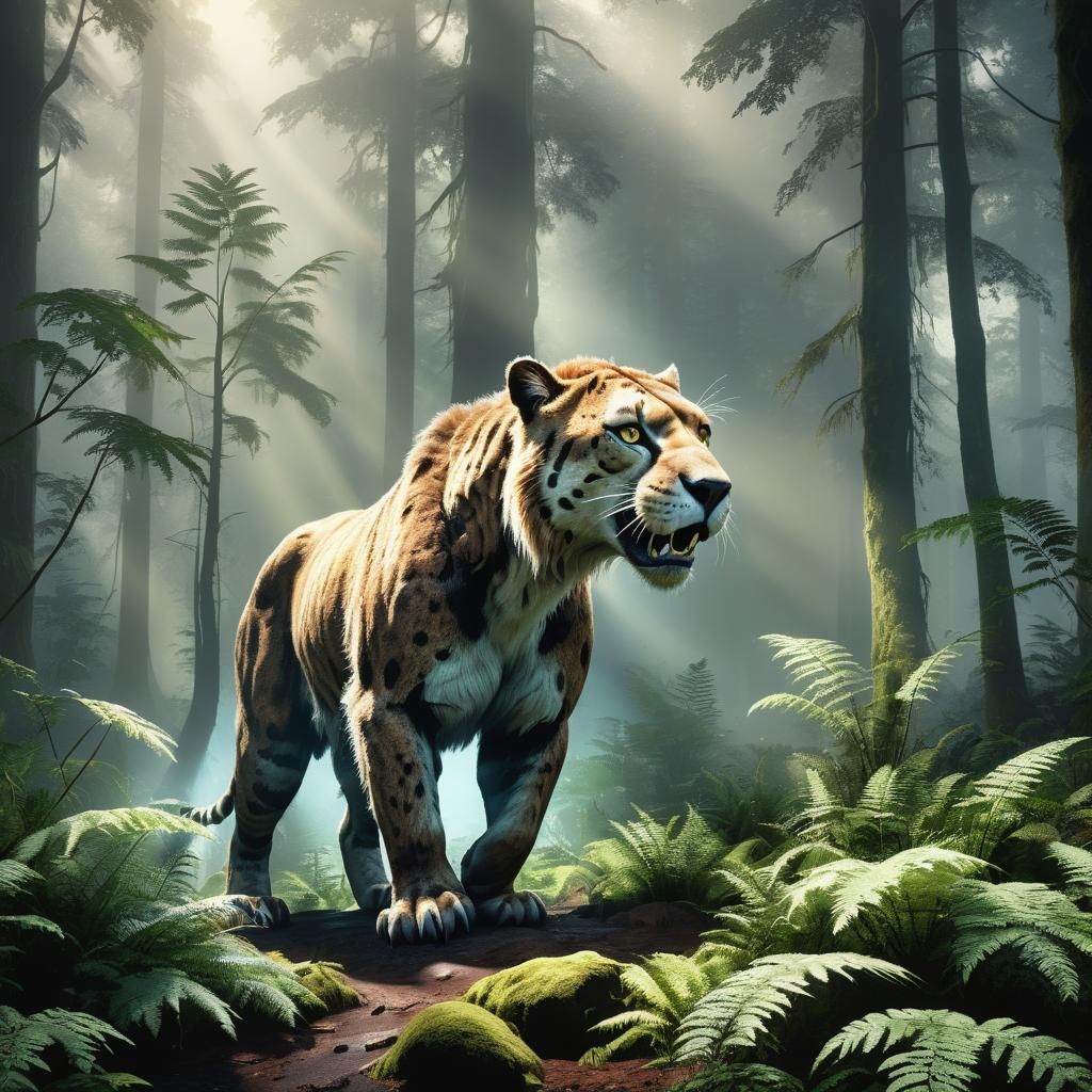 Smilodon - Prehistoric Smilodon in a Misty Forest