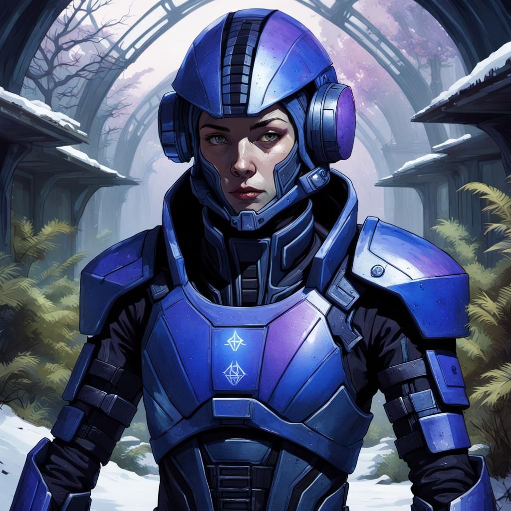 Portrait Of Mass Effect Skyrim Scientist Mage Wearing Blue Futuristic Armored Cyberpunk