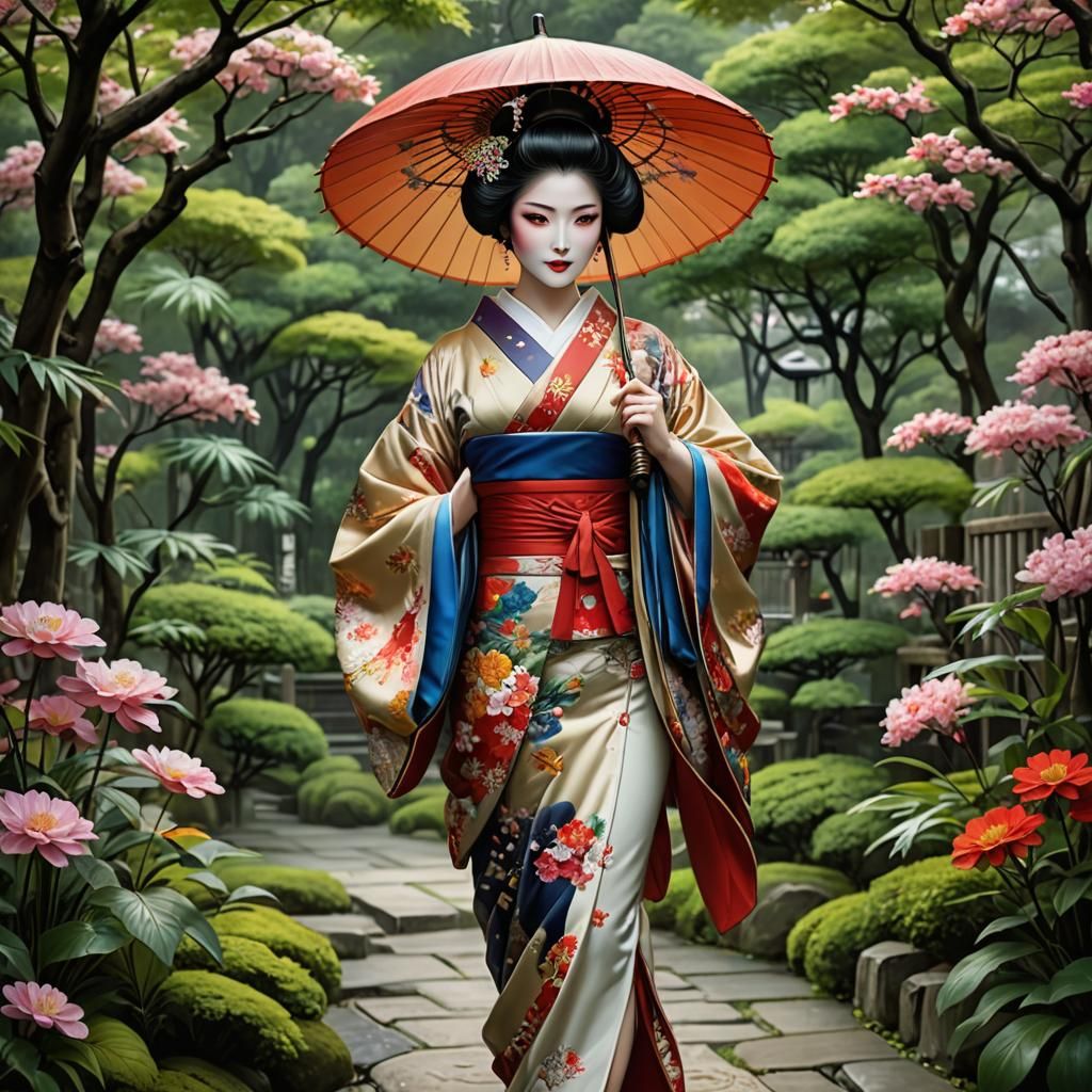 Geisha walking thru garden - AI Generated Artwork - NightCafe Creator