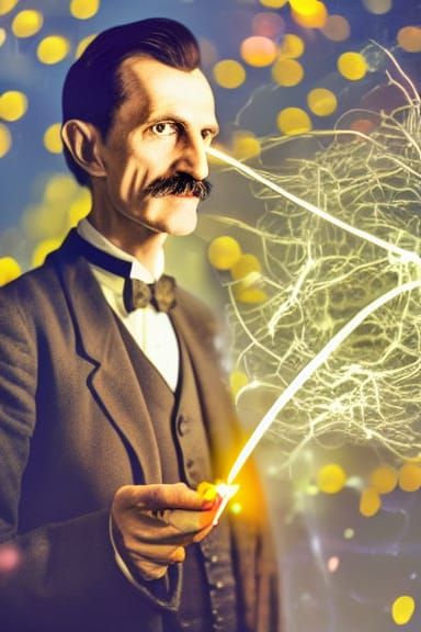 Portrait of Nikola Tesla catching glowing lightning in a bottle ...