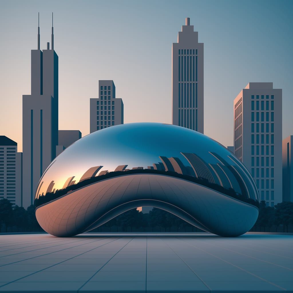 Surreal Chicago Cityscape with Cloud Gate Sculptur... - AI Art