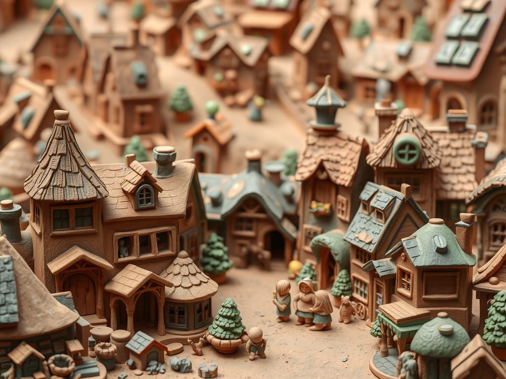 A bustling village scene where homes, shops, and people are all formed ...