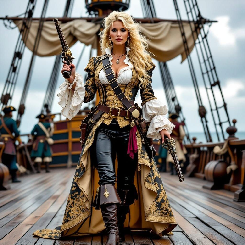 A statuesque powerful blonde pirate queen, adorned in extravagant 18th ...