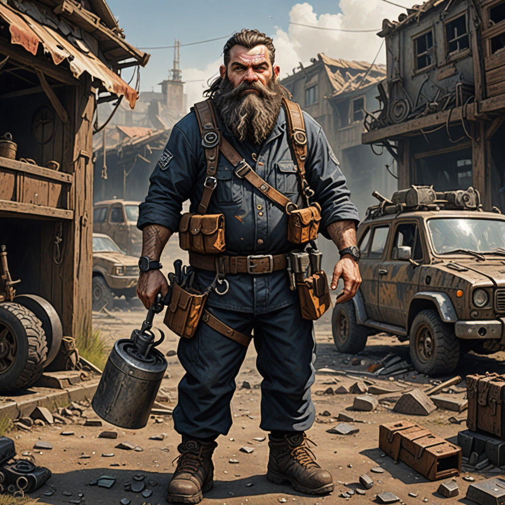 Grim Dwarf Mechanic Survives Post-Apocalyptic Wast... - AI Art