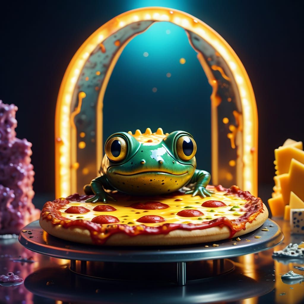 The toad & the pizza - Futuristic Tadpole on Metal Throne in...