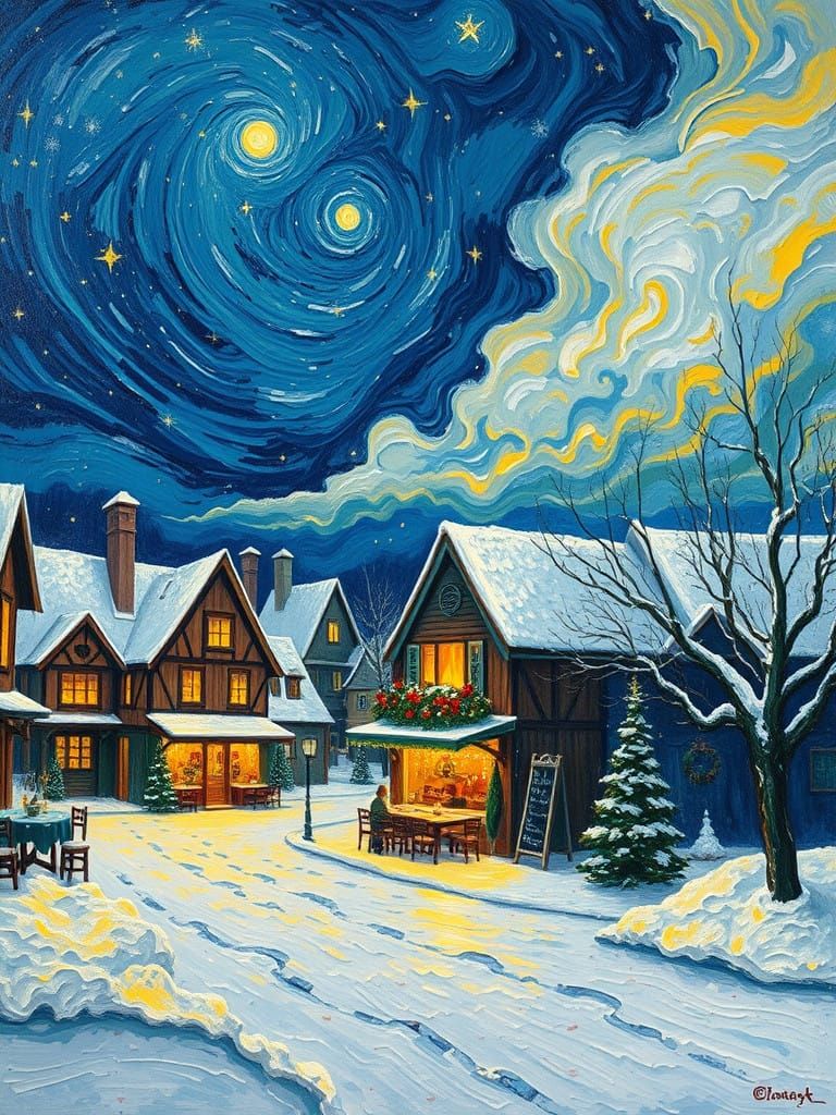 Winter Village Nightscape in Vibrant Impasto - AI Art