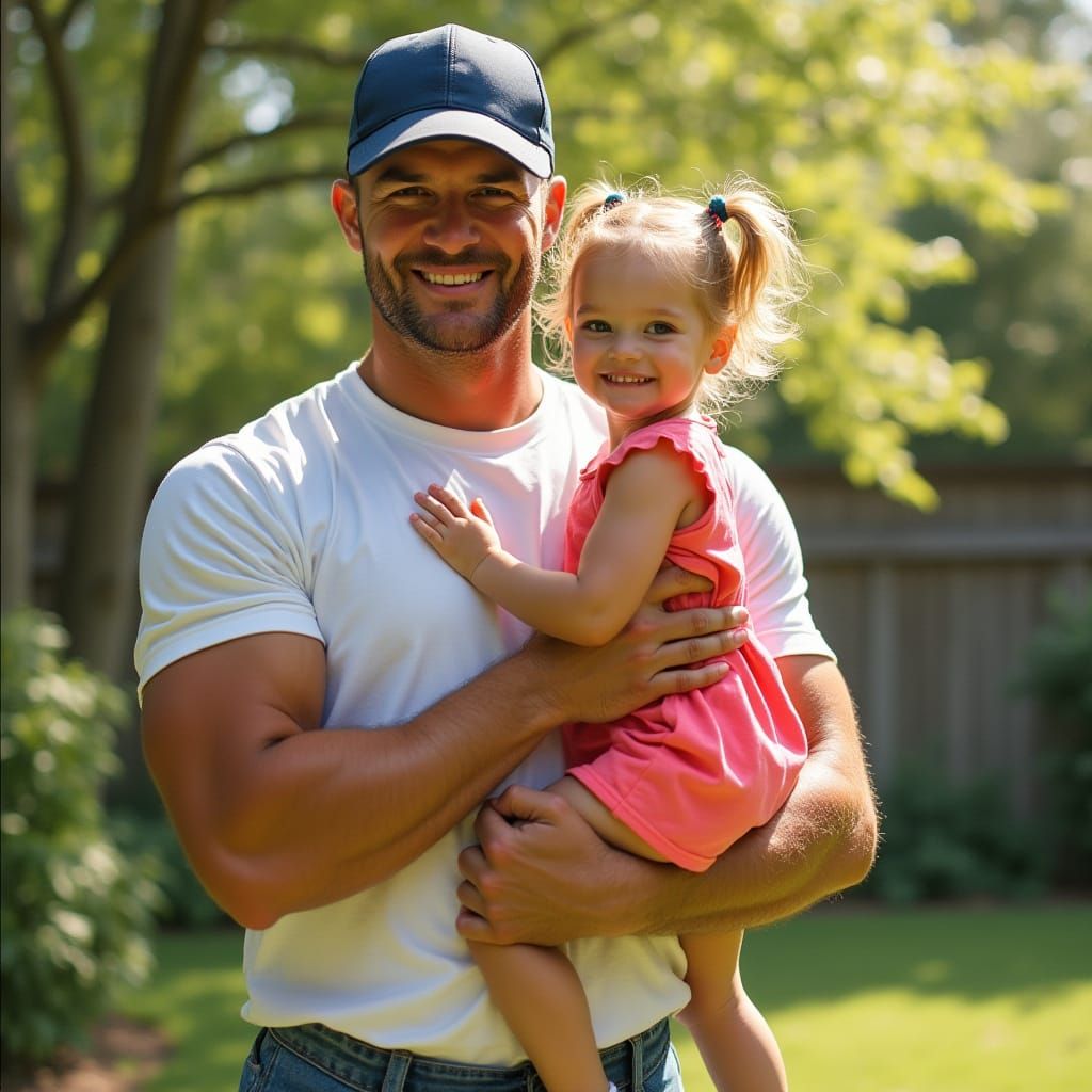 Tall, muscular, former athlete dad holding his fou... - AI Art