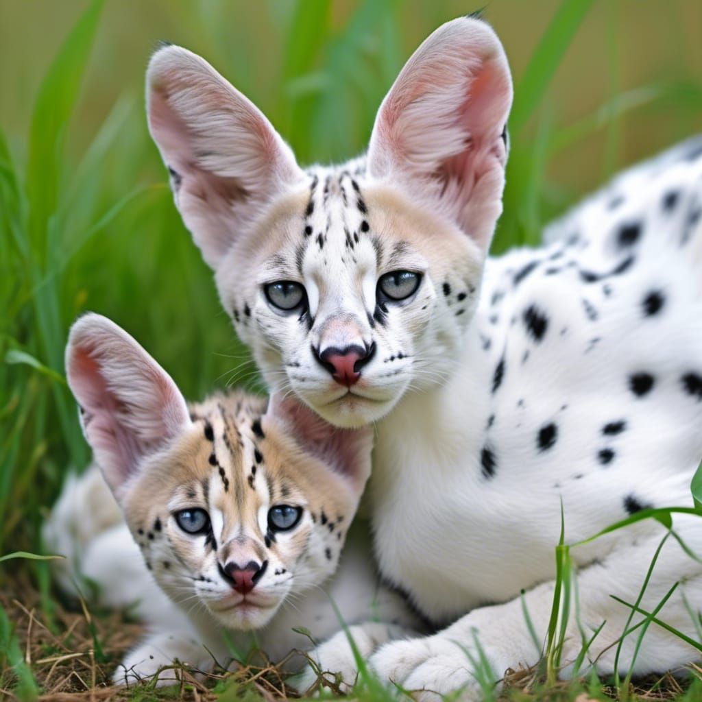 Serval – Leucistic Serval Kitten (white Serval) with his Mother in the ...