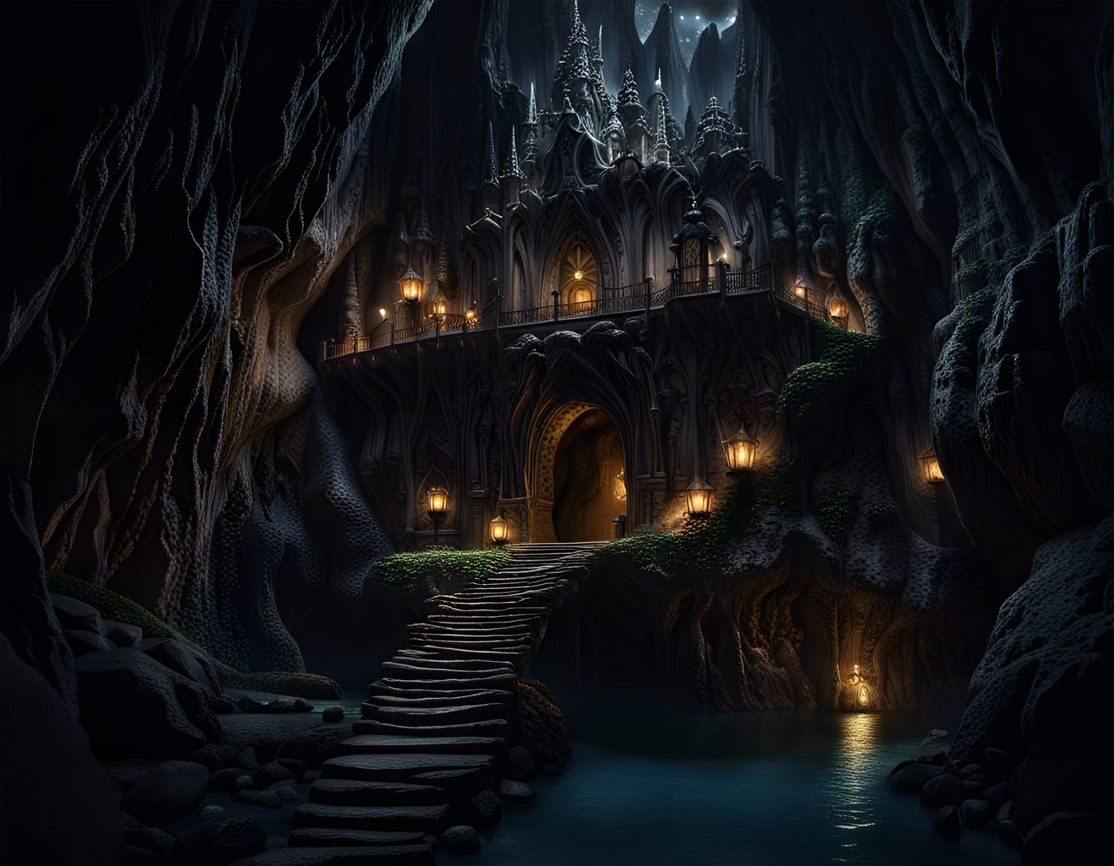 humongous nighttime fantasy black cave and waterfall, tiny elf castle ...