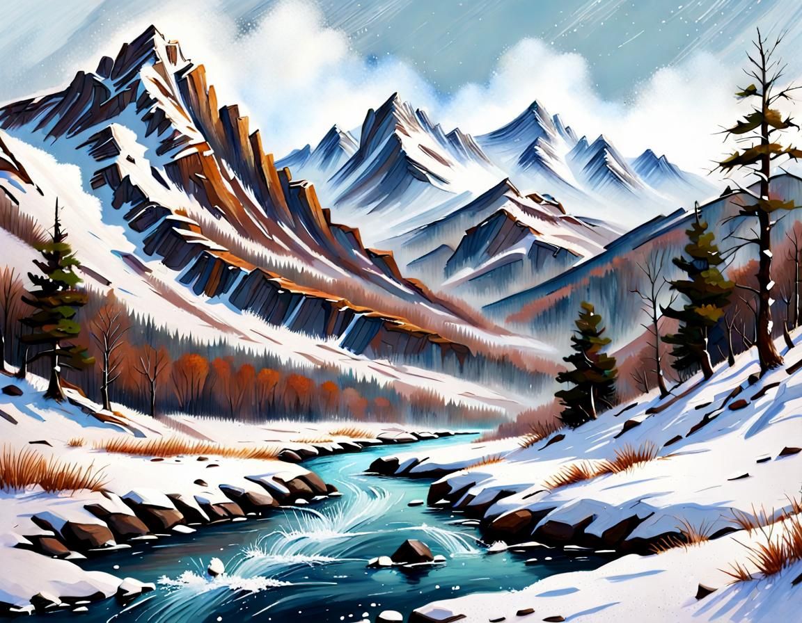 "Textured Speedpaint" rolling mountain landscape with rustling water ...