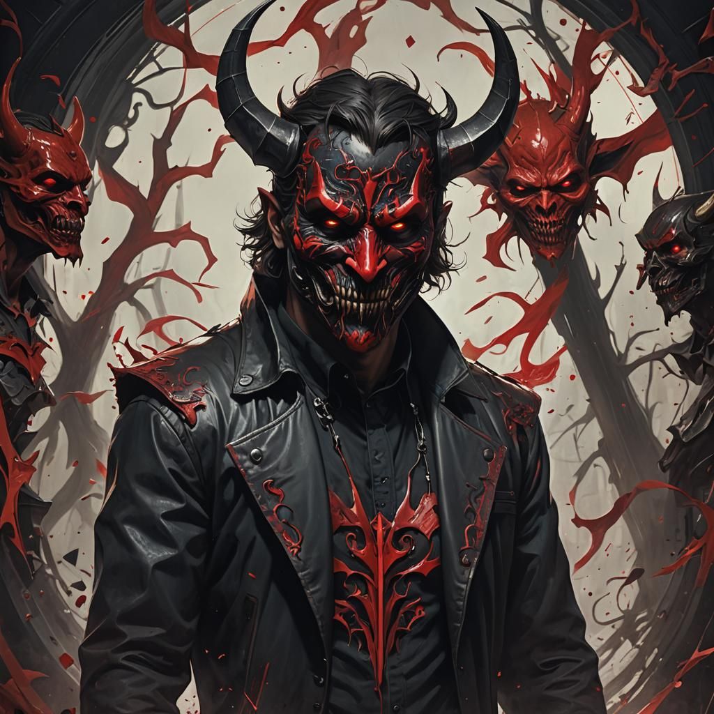 Demonic psychopathic serial killer wearing black and red devil mask ...