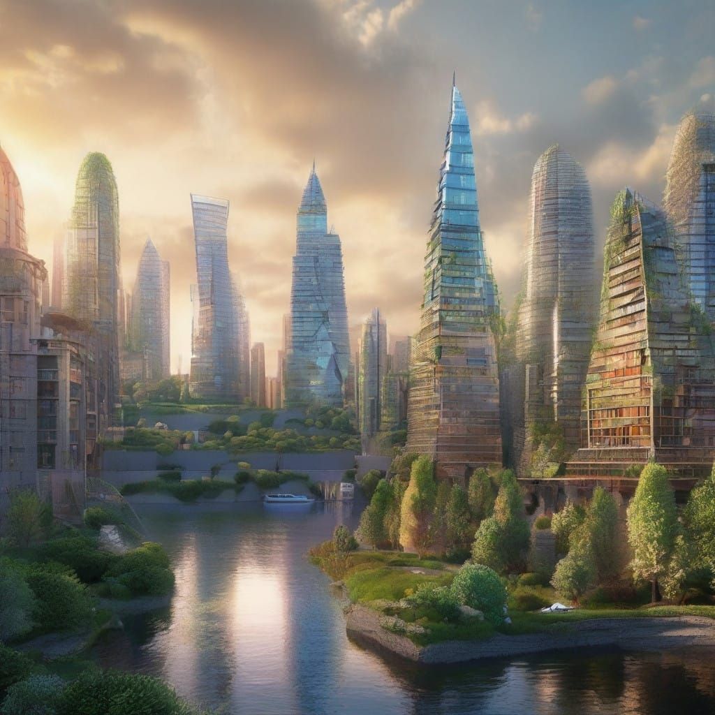 Surreal Solarpunk Cityscape with Glowing Hedgehogs - AI Art