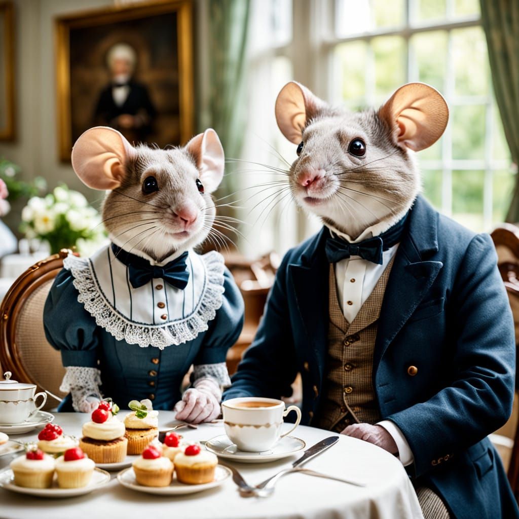 Woman and Man Mice made draiw, dressed in Victorian outfits, ready for ...