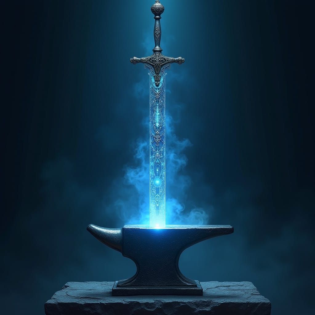 The Sword in the Anvil - Mystical Blue Sword Hovers Above Mo...