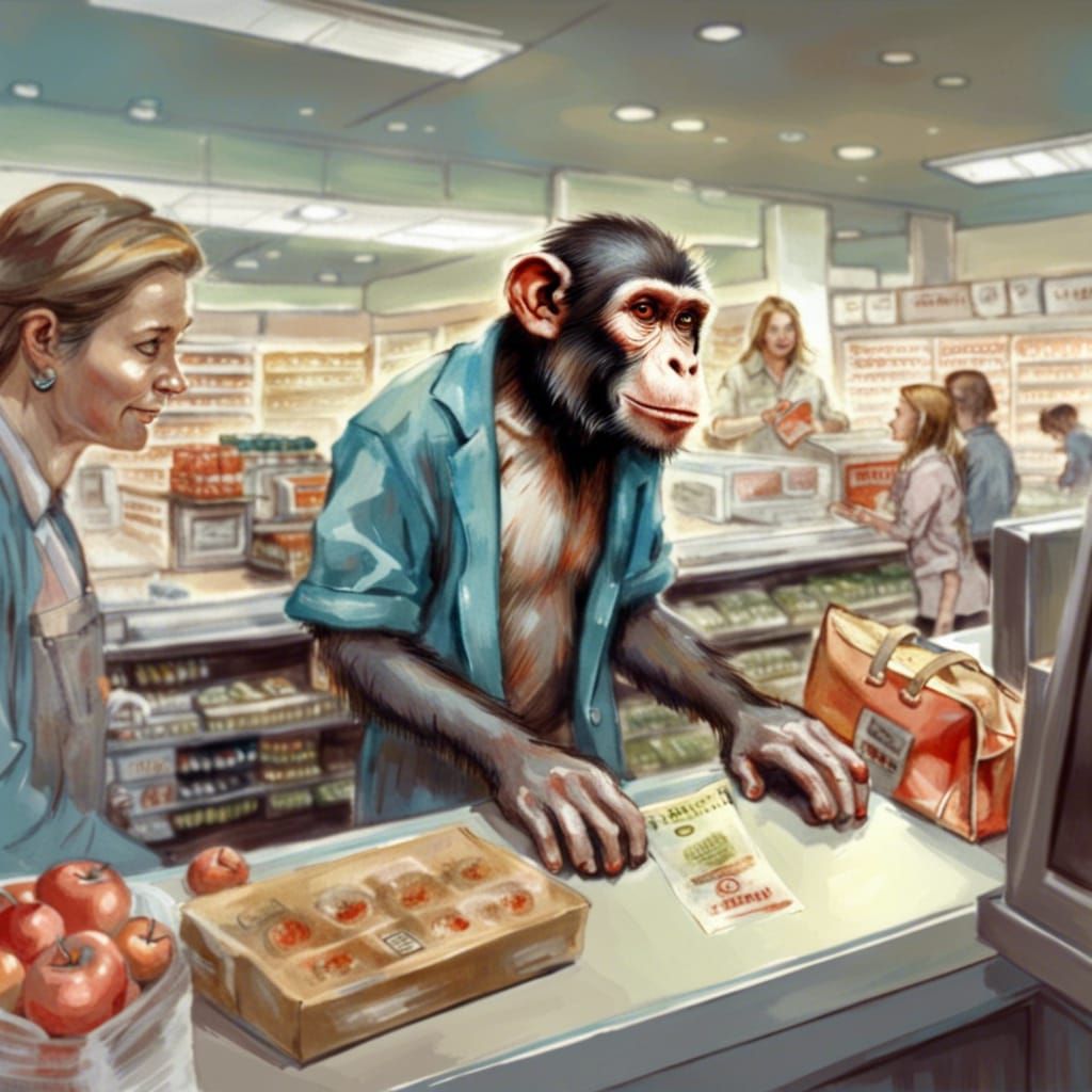 A monkey at the checkout counters of a supermarket - AI Generated ...