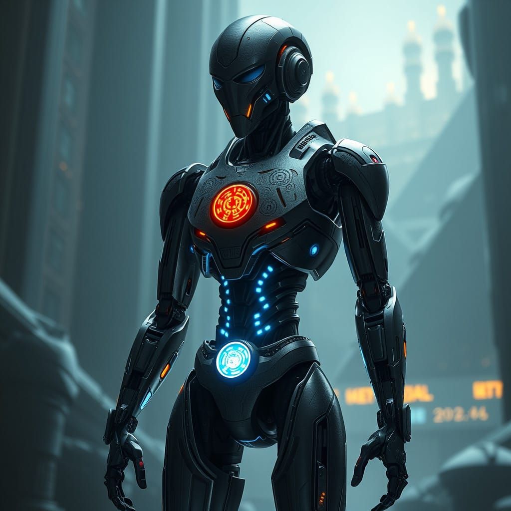 Sleek, Industrial Sci-Fi Droid in Rakatan Energy L... - AI Art