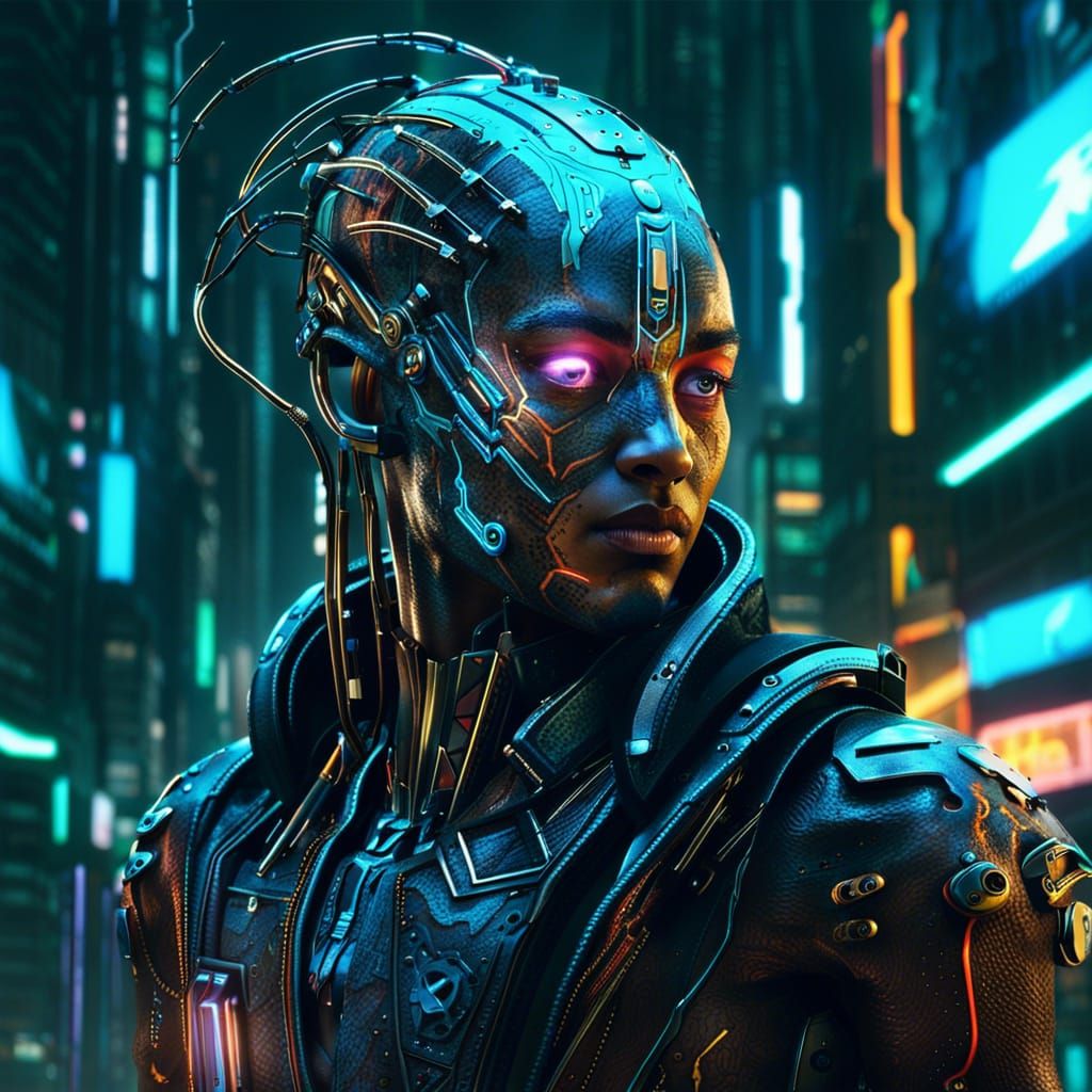 A futuristic Biopunk character with intricate organic-cybernetic ...