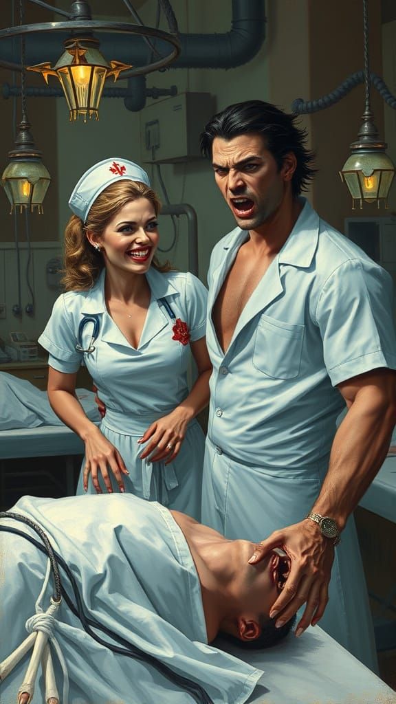 A provocative stunning vampire nurse in a morgue with a very handsome ...