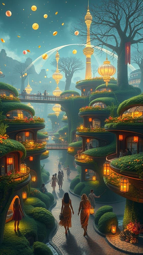 A breathtaking vertical solarpunk village at night, celebrating a ...