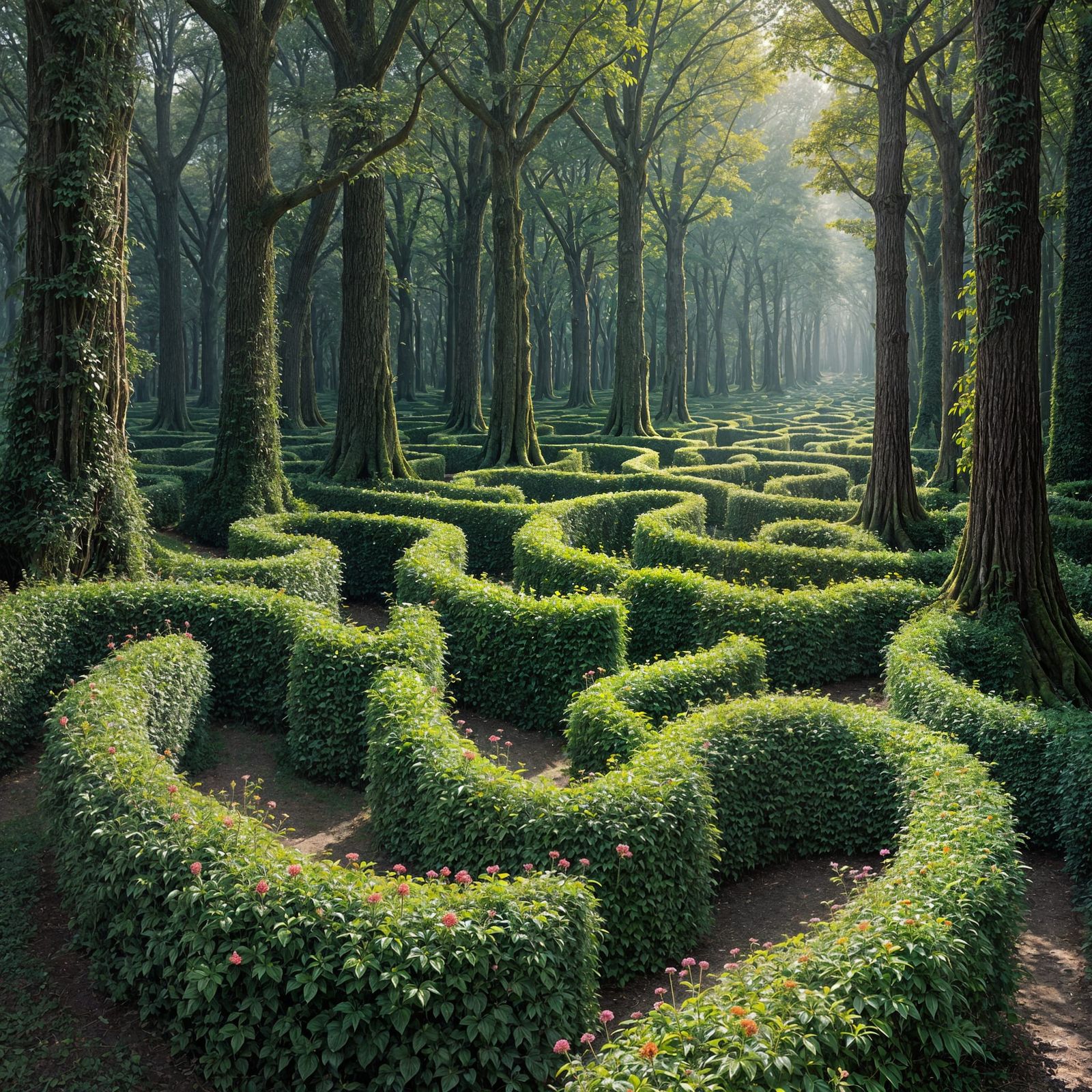 An incredibly detailed and complex hedge maze. Heavy forest canopy ...