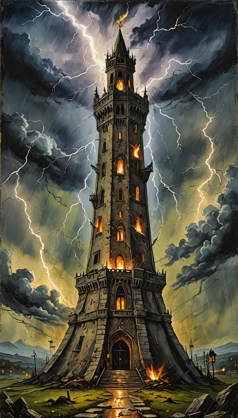 The Tower, lightning, disaster, tarot card, grunge poster, oil painting ...