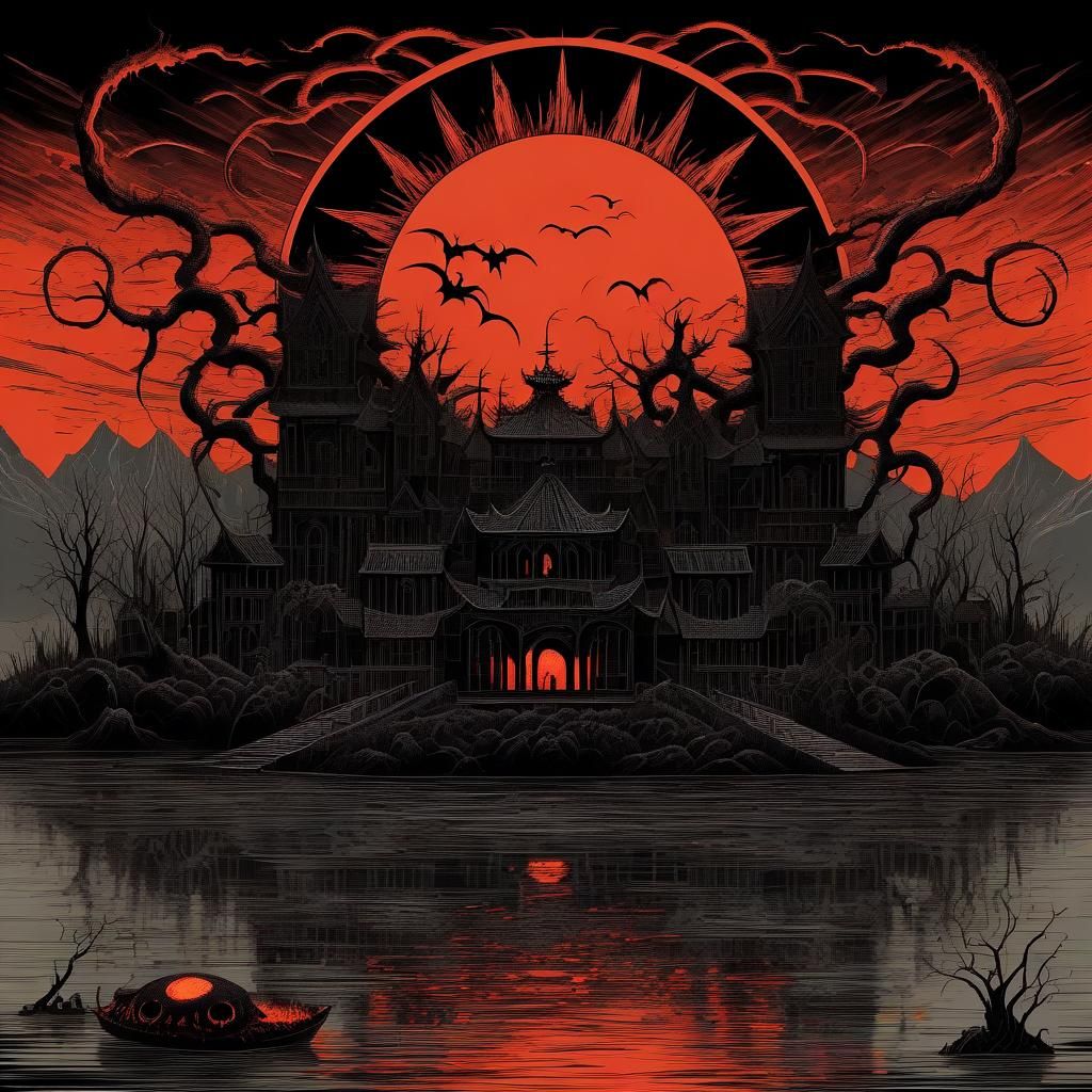 Black sun rising over lake of vivid gloom Torrid air full of toxin's ...