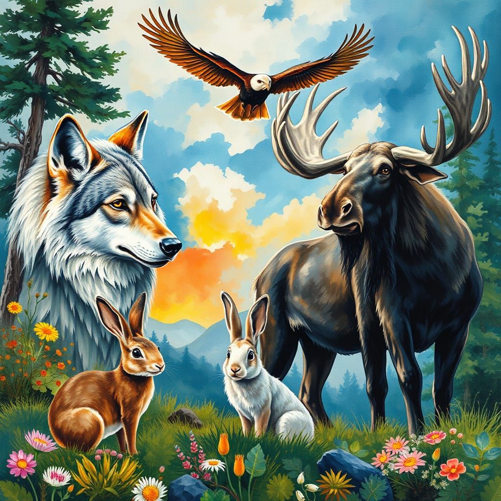 The wolf, the hawk, the rabbits, and the moose,