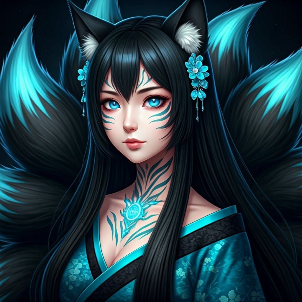 18 year old girl with black fox ears and nine tails tipped with cyan she has a cyan and black ...