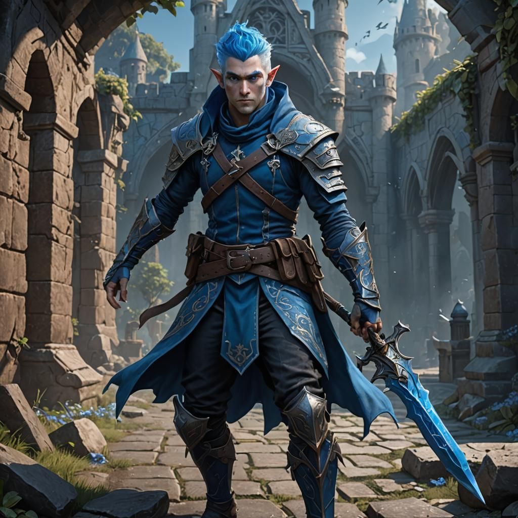 male half elf rogue wearing all blue with shot blue hair, with weapons ...
