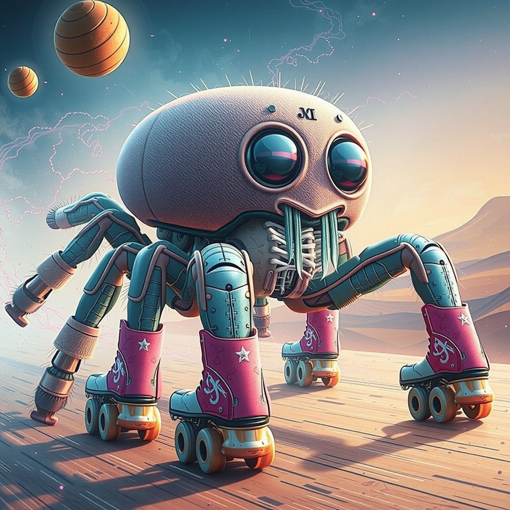 Vibrant Pink Spider in Mid-Air, Roller Skating wit... - AI Art
