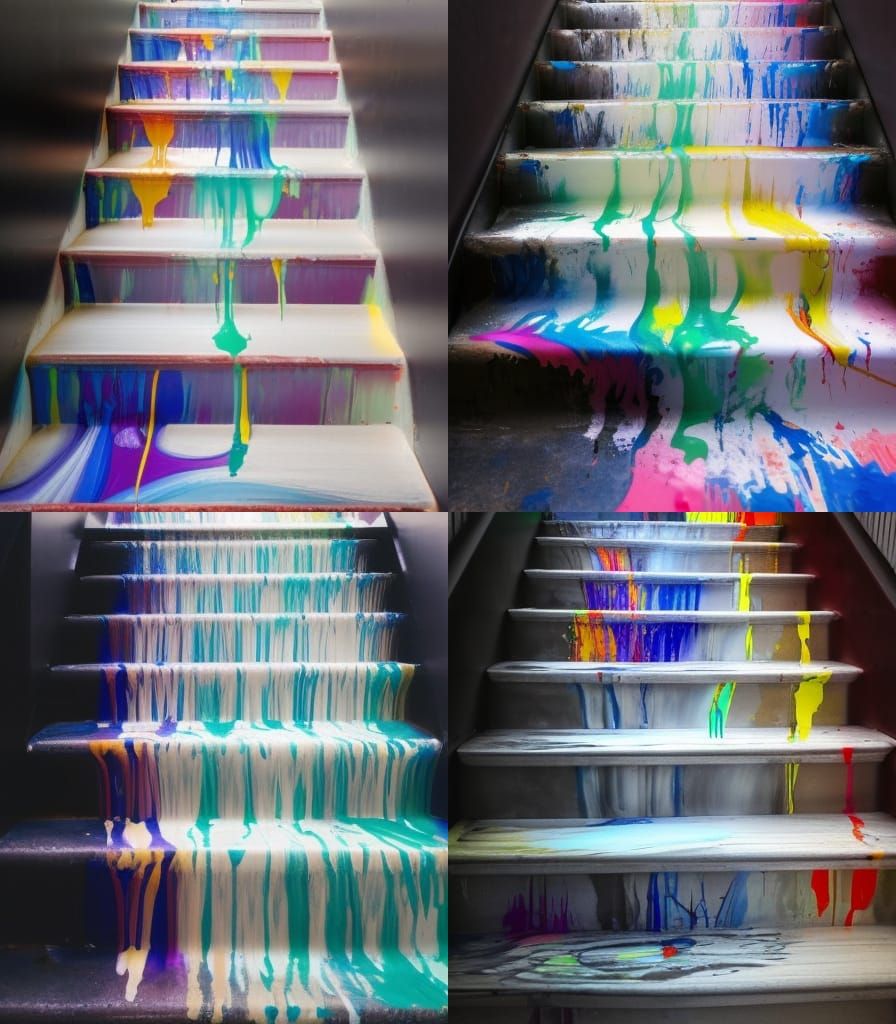 Spilled paint multicolored flowing down staircase head on view of lates ...
