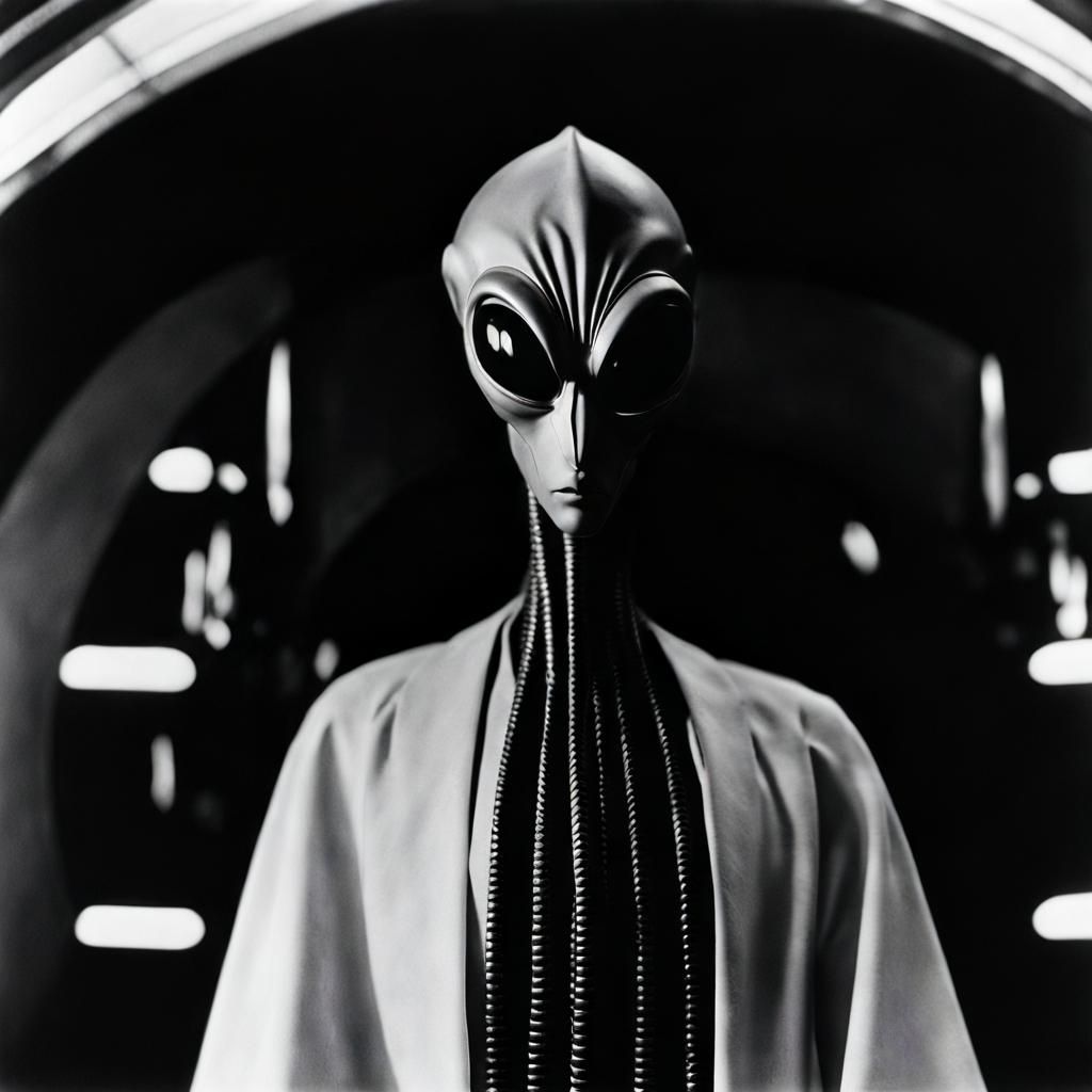 a black and white photo of an alien, by Pietro Lorenzetti, close up ...