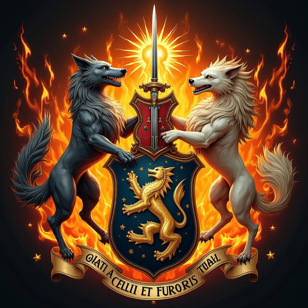 Coat of arms French style wolf dragon motto GRATIA COELI ET FURORIS TERRAE