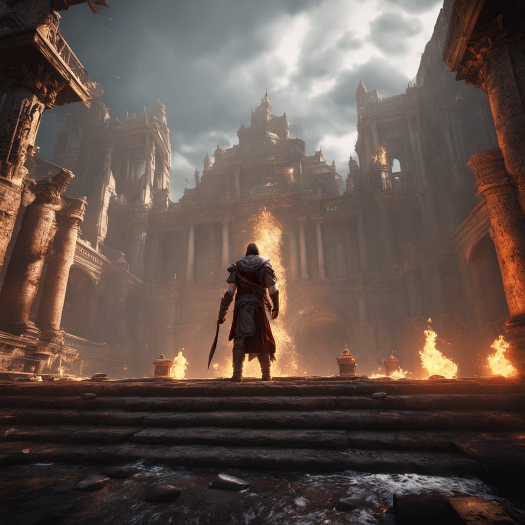 Fire, water, lightning - Epic Fantasy Warrior Engulfed by F...