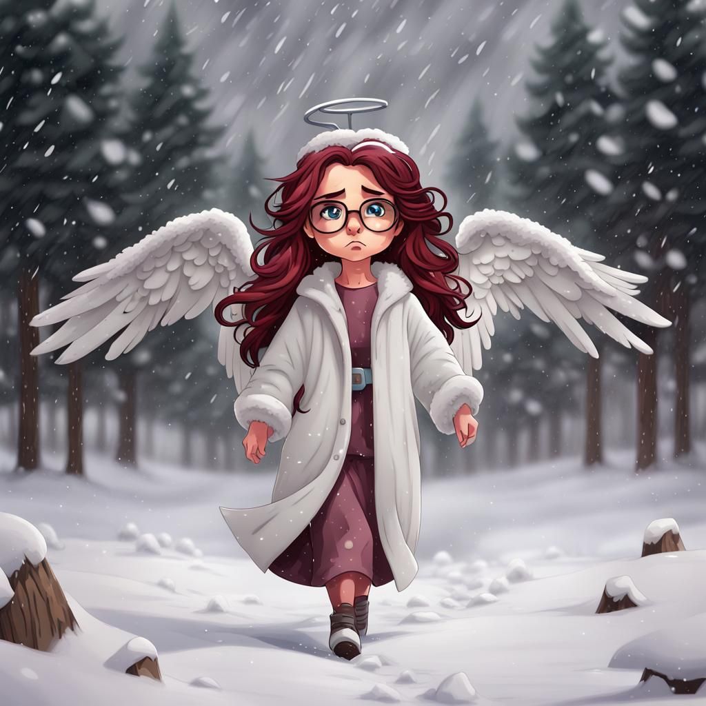 sad angel burgundy hair glasses walking in bad snow storm cartoon - AI ...