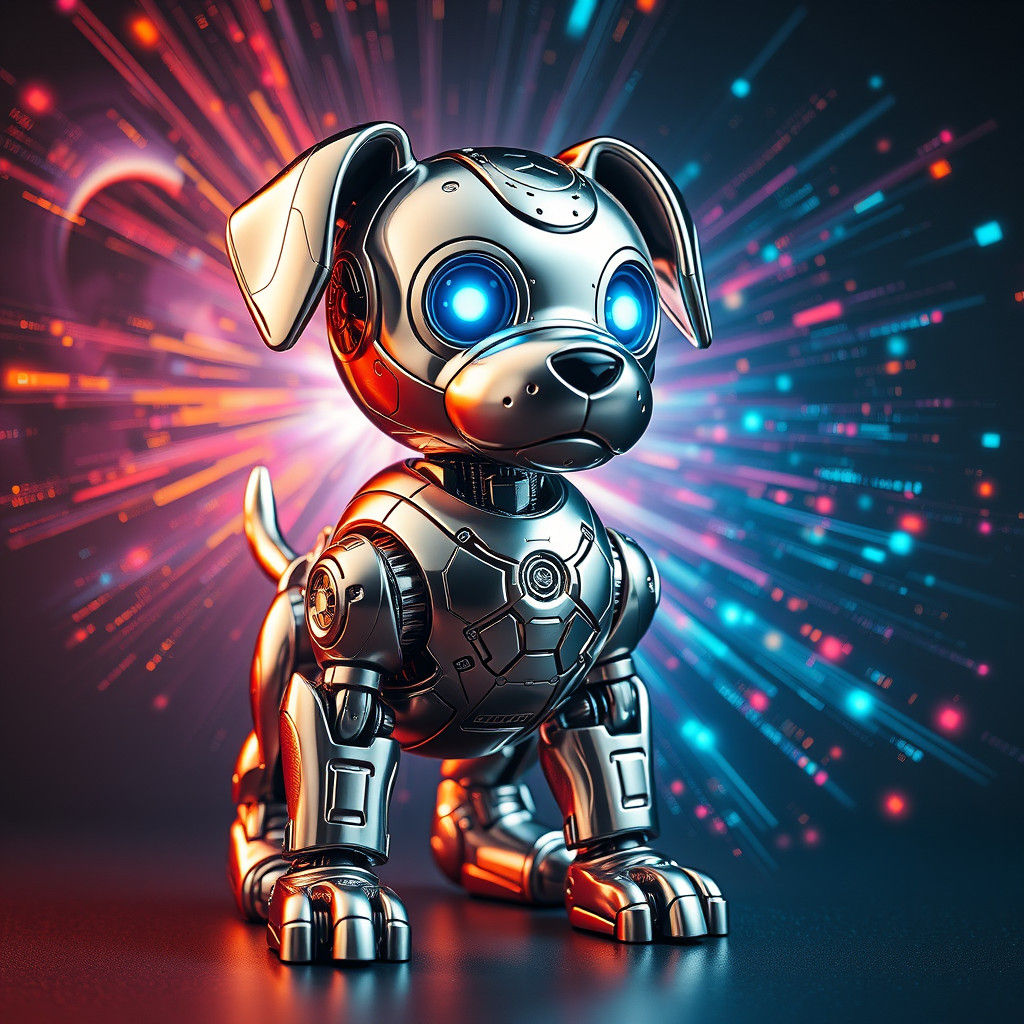 Cyberpunk Robot Puppy Hero in Futuristic Holograph... - AI Art