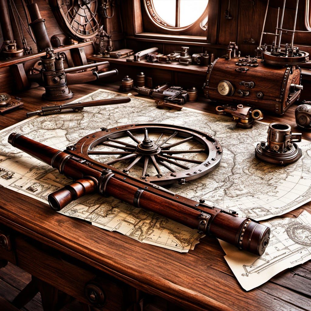 inside a captains tallship cabin atop a walnut table we can see the old ...