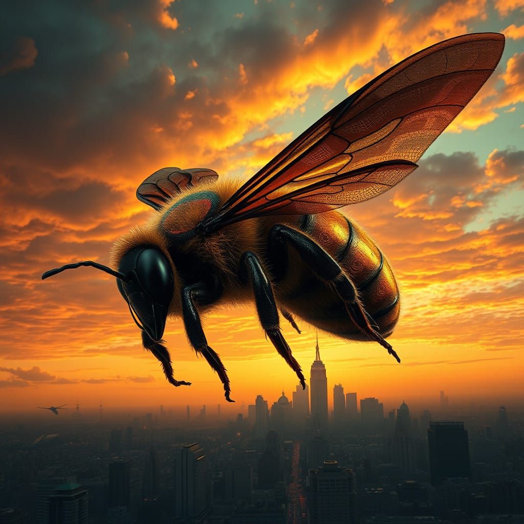 Hyper-Realistic Monster Queen Bee Soars Over City ... - AI Art
